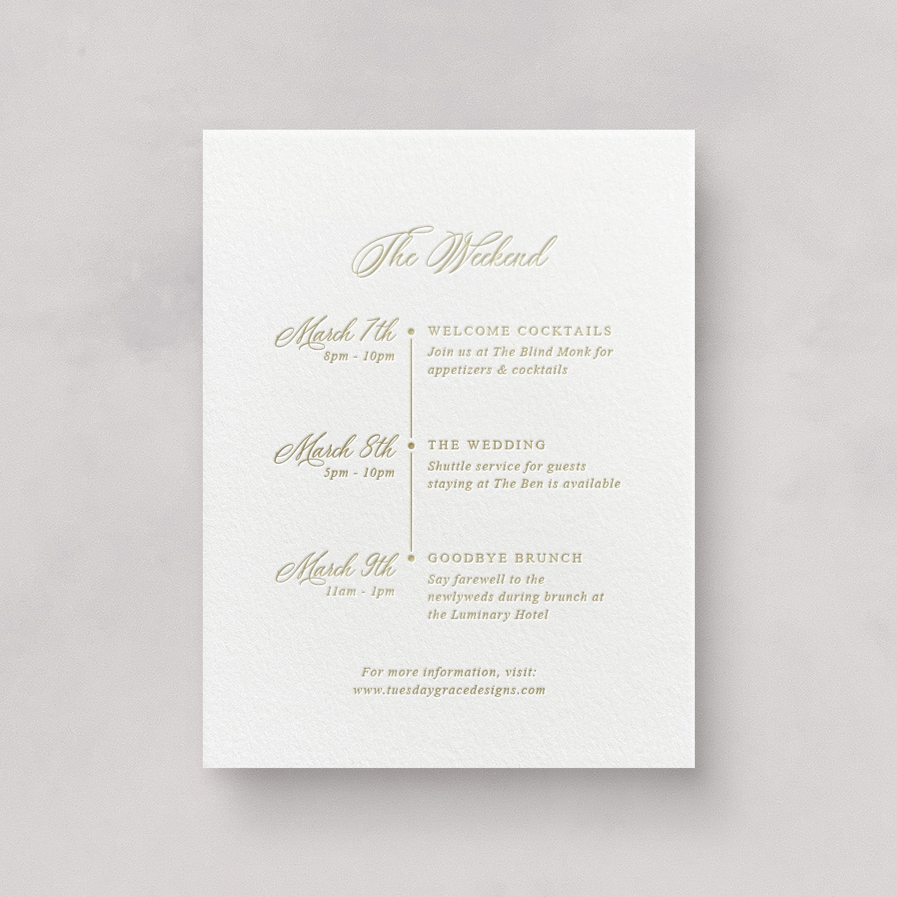 Wedding weekend details card | Honestweddingadvice.com