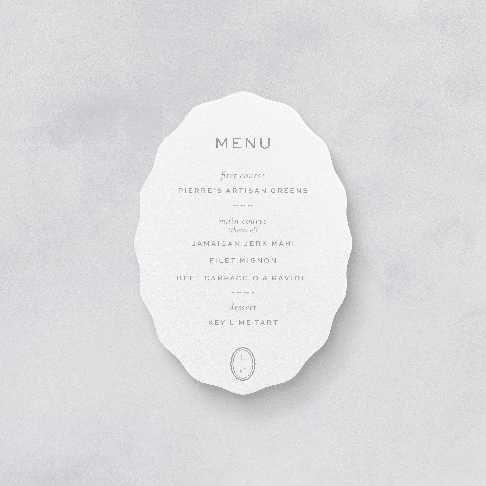 Seaside Scalloped Oval Wedding Menu – Tuesday Grace Designs